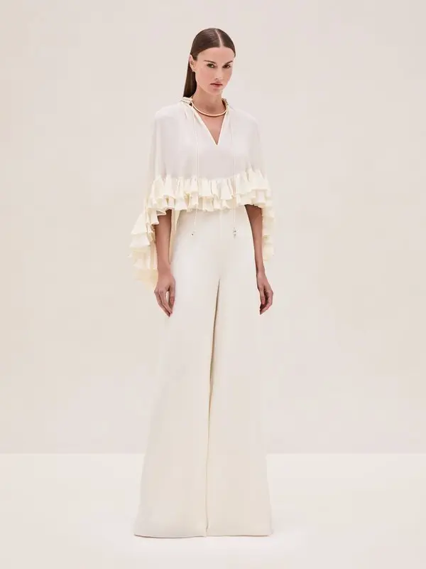 Alexis Cortese Ruffle Cape Top With Hand-beaded Collar - Ivory