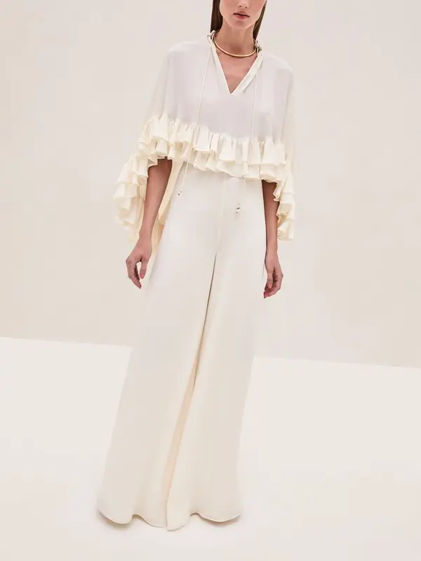 Alexis Cortese Ruffle Cape Top With Hand-beaded Collar - Ivory
