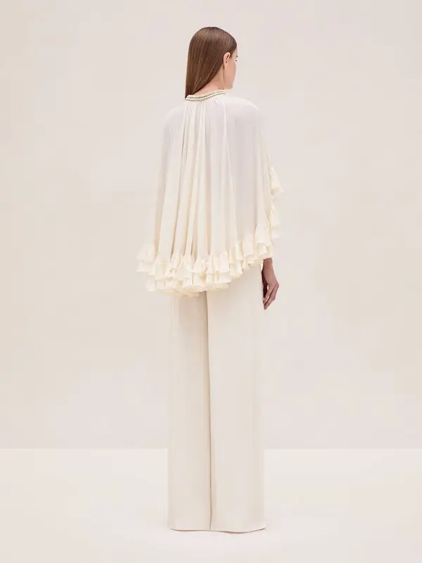 Alexis Cortese Ruffle Cape Top With Hand-beaded Collar - Ivory