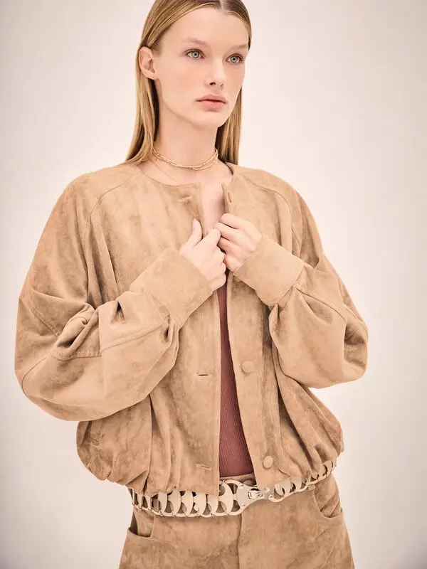 Alexis Cruz Suede Cropped Bomber Jacket - Walnut