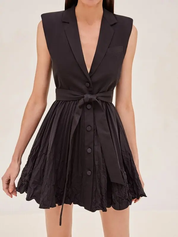 Alexis Cyrus Sleeveless V-neck Mini Dress With Belted Waist And Crinkled Skirt