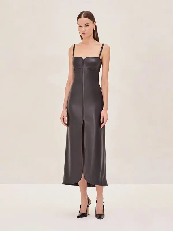 Alexis Jaline Vegan Leather Sweetheart Neck Midi Dress - Black