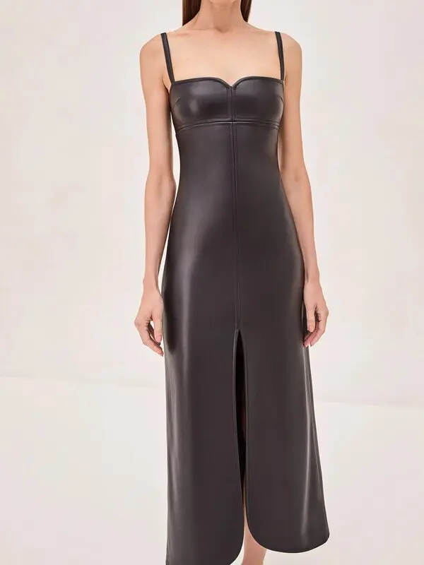 Alexis Jaline Vegan Leather Sweetheart Neck Midi Dress - Black