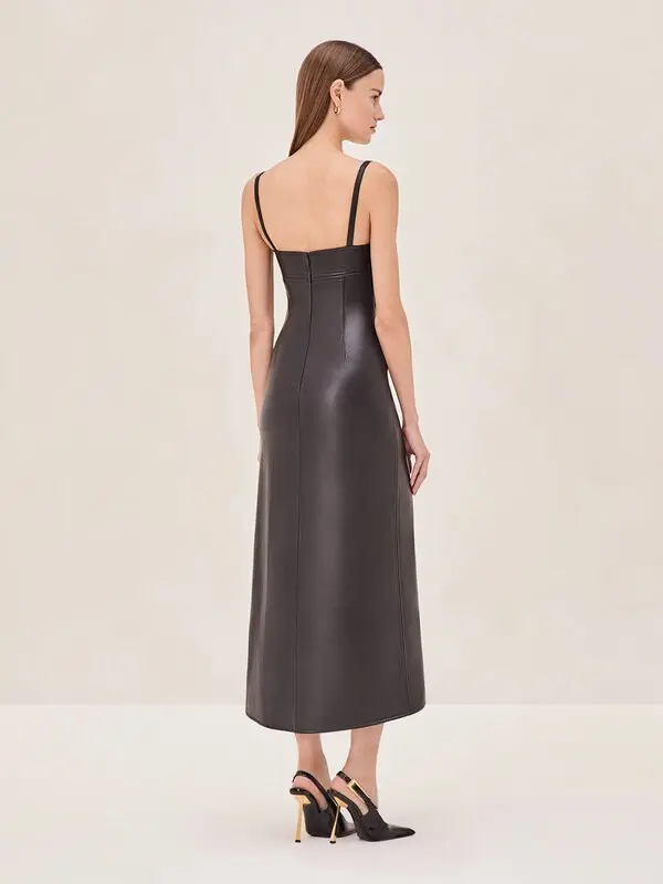 Alexis Jaline Vegan Leather Sweetheart Neck Midi Dress - Black