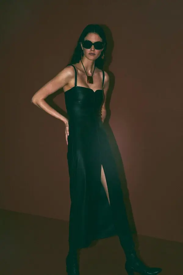 Alexis Jaline Vegan Leather Sweetheart Neck Midi Dress - Black