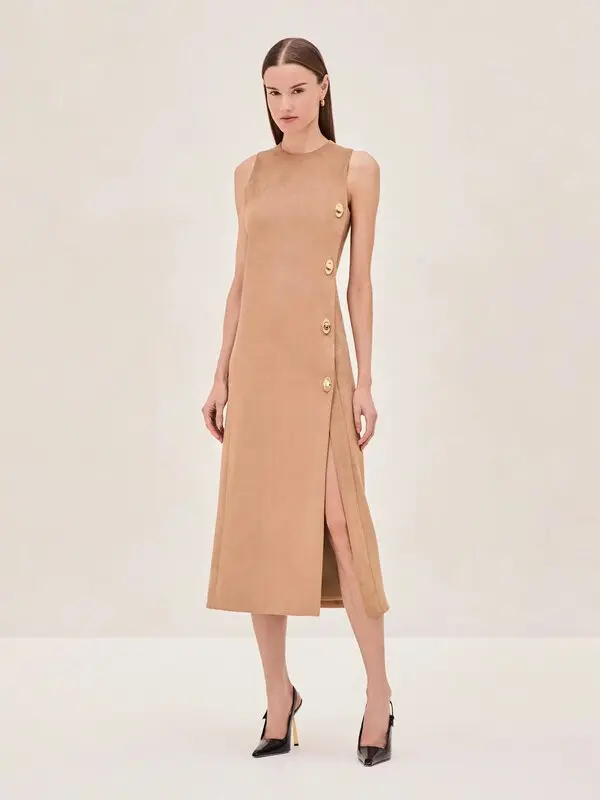 Alexis Kalita Vegan Suede Midi Dress With Gold-tone Buttons - Tan