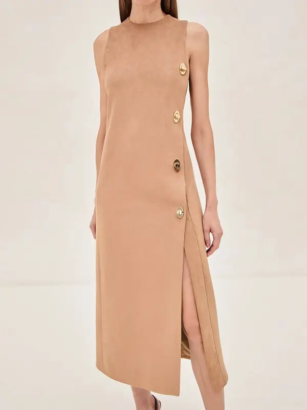 Alexis Kalita Vegan Suede Midi Dress With Gold-tone Buttons - Tan