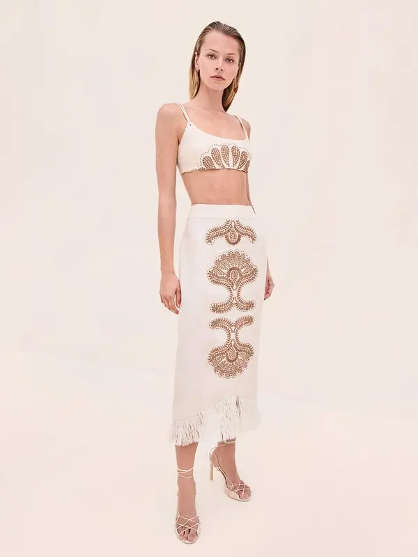 Alexis Jenan Embroidered Midi Skirt With Raffia Trim