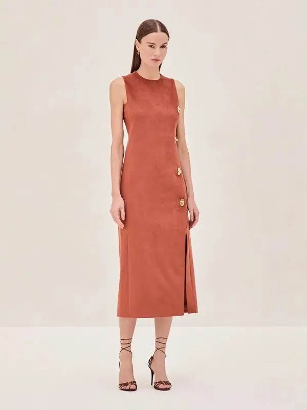 Alexis Kalita Vegan Suede Midi Dress With Gold-tone Buttons And Slit - Auburn