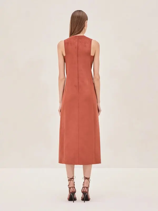 Alexis Kalita Vegan Suede Midi Dress With Gold-tone Buttons And Slit - Auburn