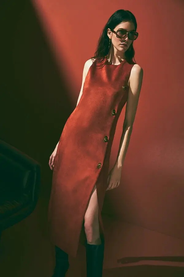 Alexis Kalita Vegan Suede Midi Dress With Gold-tone Buttons And Slit - Auburn