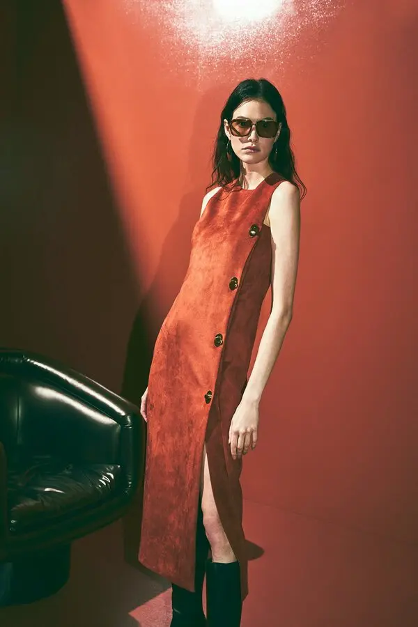 Alexis Kalita Vegan Suede Midi Dress With Gold-tone Buttons And Slit - Auburn