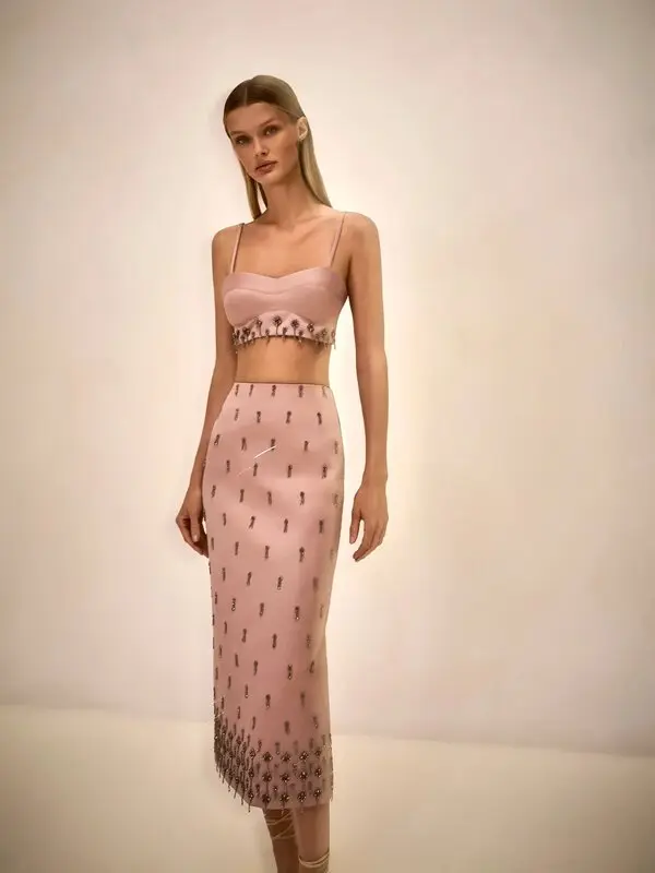 Alexis Luisa Embellished Midi Skirt - Beaded Blush