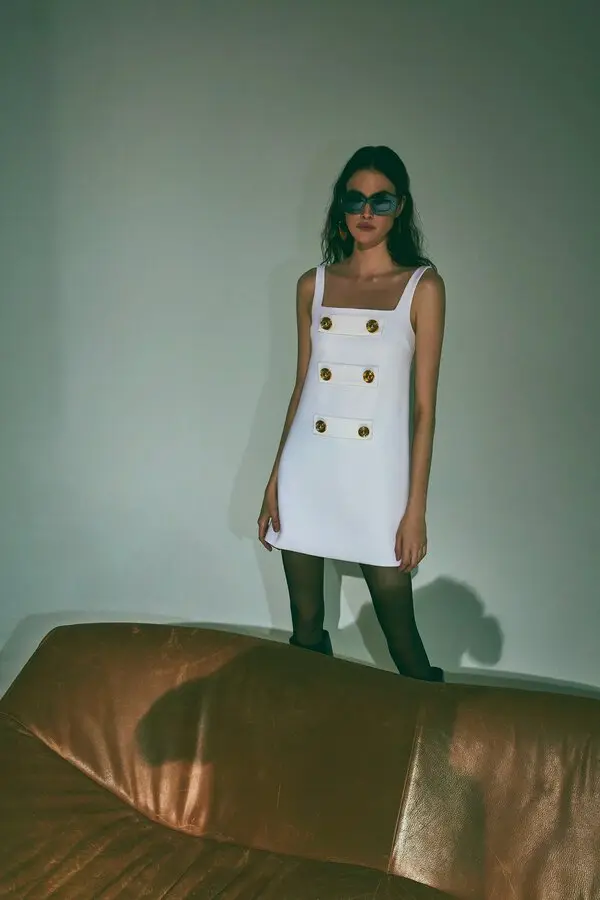 Alexis Luya Mini Dress With Square Neckline And Gold Button Details - Pearl