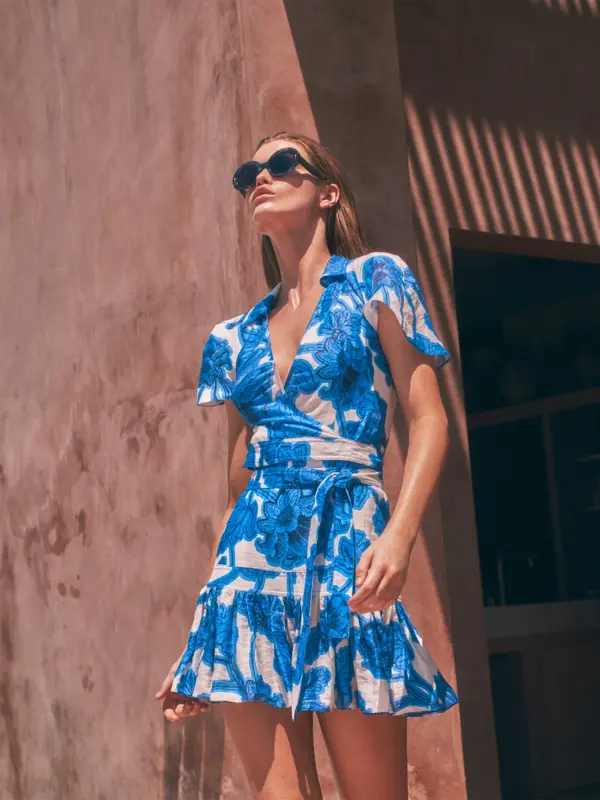 Alexis Melba Dress Floral Print Wrap Mini With Flutter Sleeves - Abyssb Blue