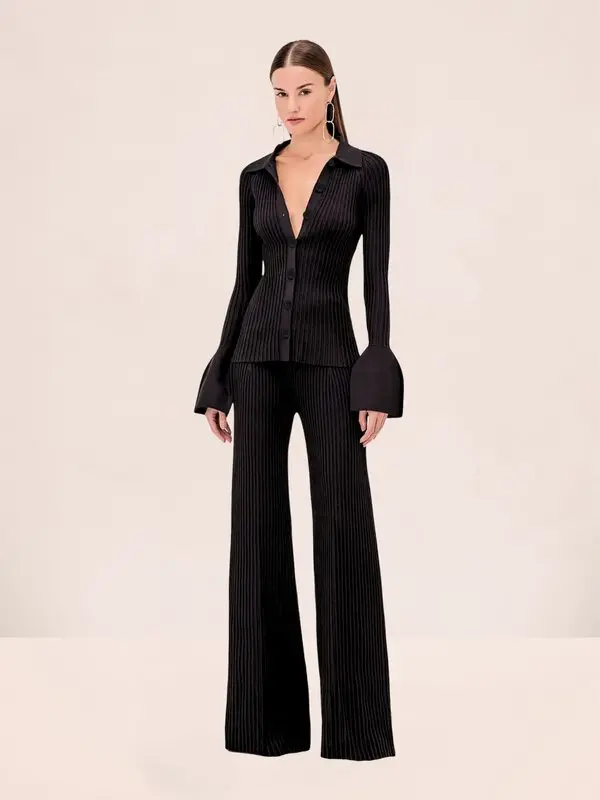 Alexis Olena Ribbed Knit Collared Button-down Top With Flared Cuffs