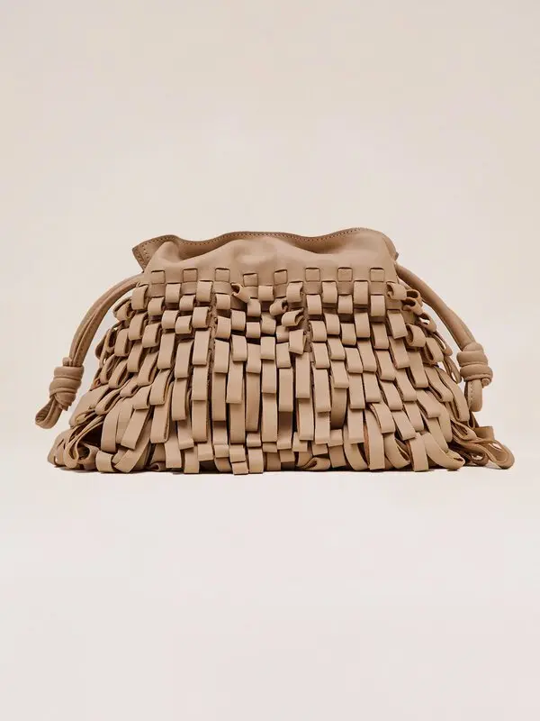 Alexis Quinn Woven Leather Fringe Clutch - Tan