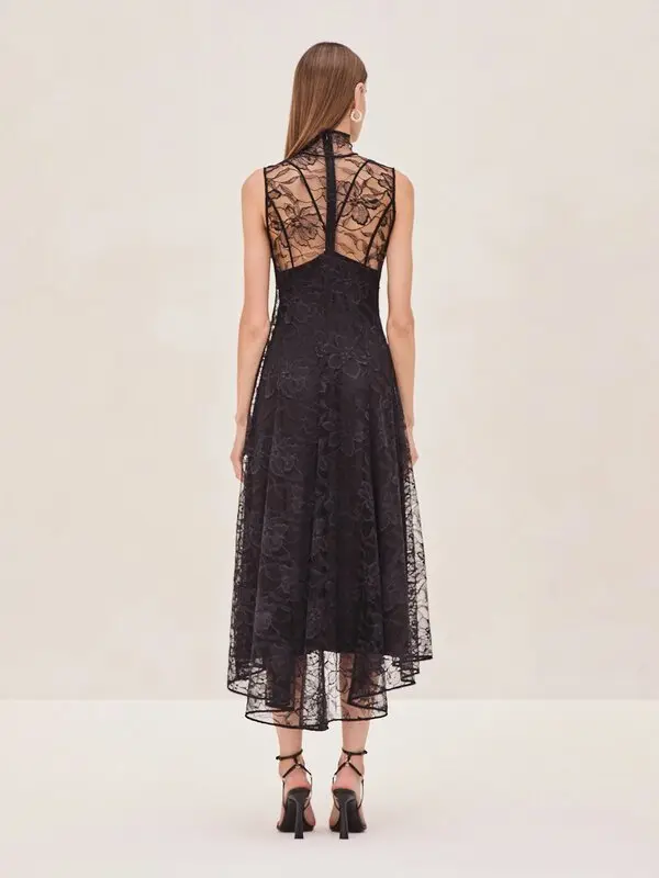 black lace overlay a line dress Remarkable Appeal Cowl Halter A-Line Midi Dress