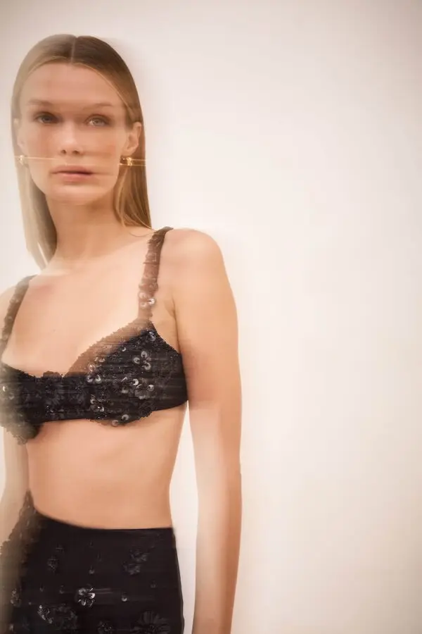 Alexis Remi Bralette Top With Floral Appliqu - Black Raffia