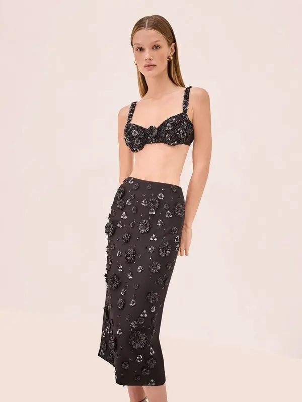 Alexis Remi Bralette Top With Floral Appliqu - Black Raffia