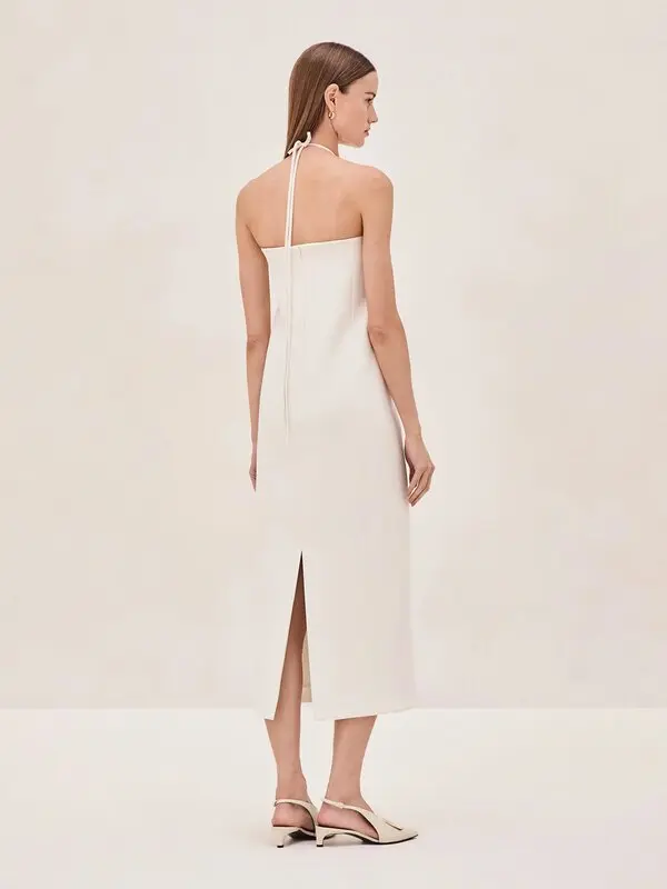 Sezane Midi Dress With Halter Neckline And Gold Square Detail