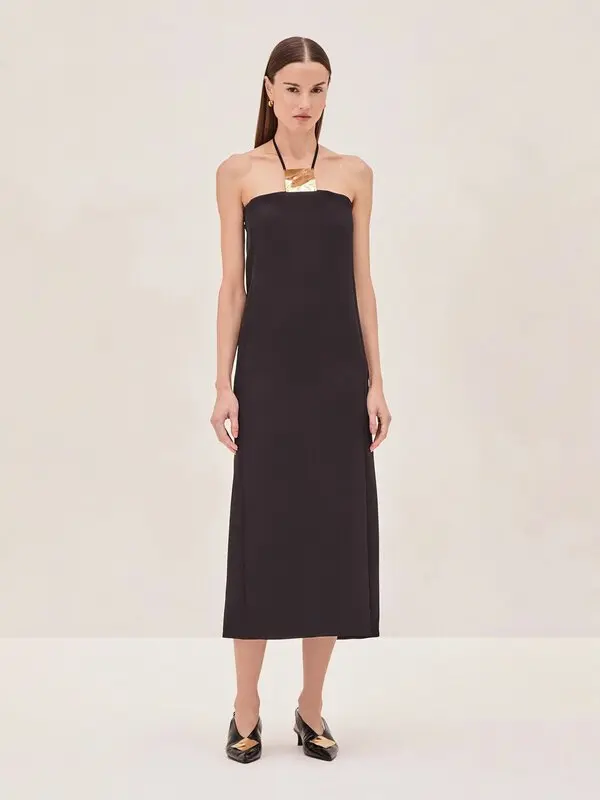 Alexis Sezane Halterneck Midi Dress With Gold Detail - Black