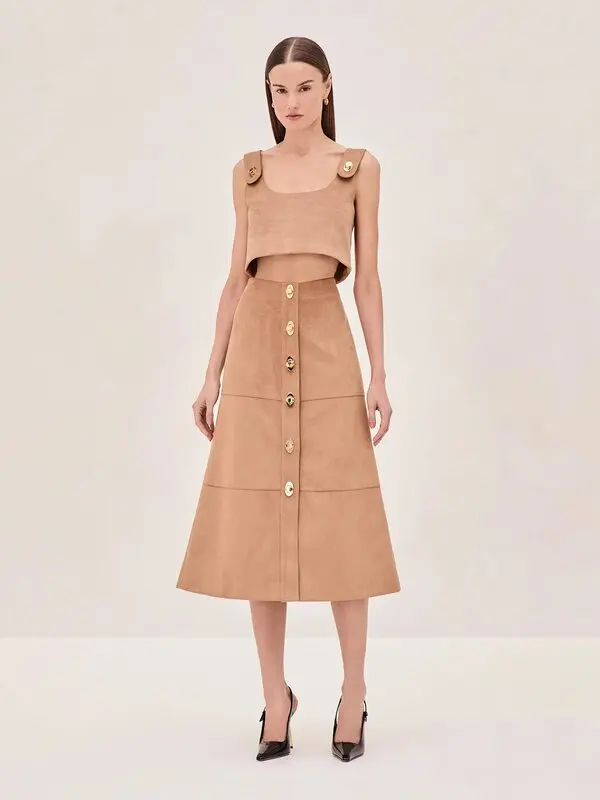 Alexis Sinead Vegan Suede Midi Skirt With Gold Buttons - Tan