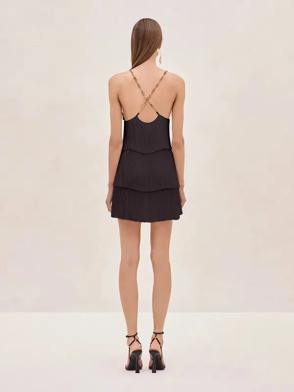 Alexis Brunia Pleated Tiered Mini Dress With Gold Chain Straps - Black