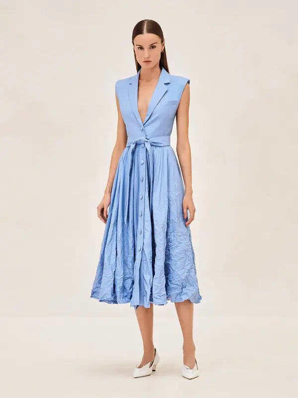 Alexis Beau Dress Sleeveless Midi With Plunge Neckline And Belted Waist - Blue