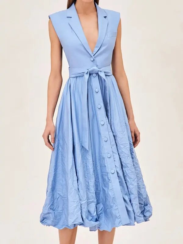 Alexis Beau Dress Sleeveless Midi With Plunge Neckline And Belted Waist - Blue
