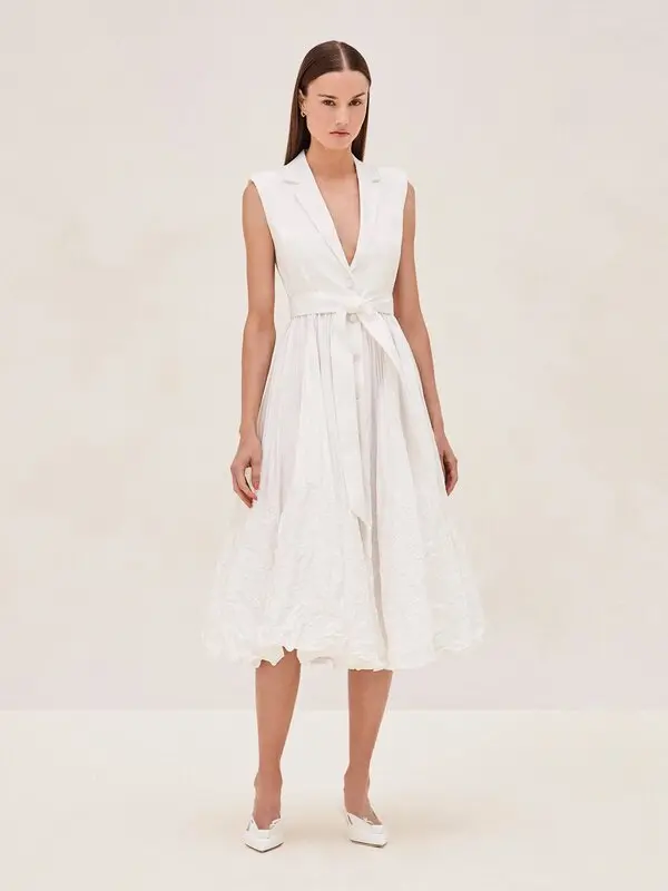 Alexis Sleeveless Midi Dress With Plunge Neckline And Crinkled Skirt - White