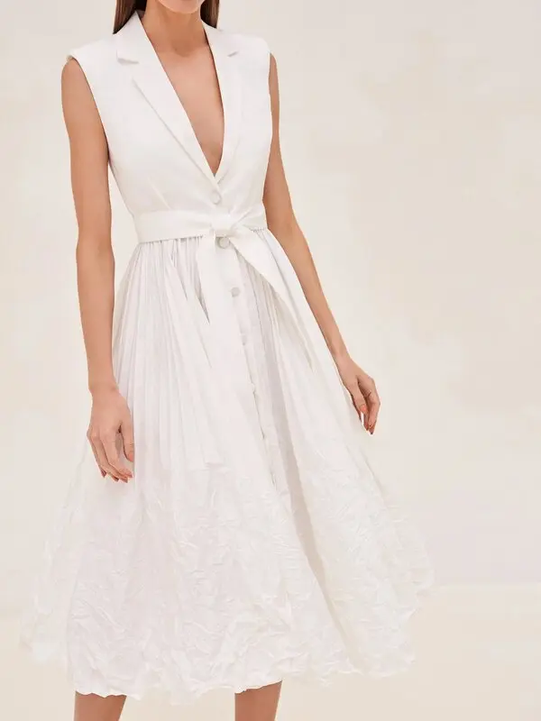 Alexis Sleeveless Midi Dress With Plunge Neckline And Crinkled Skirt - White
