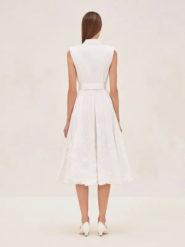 Alexis Sleeveless Midi Dress With Plunge Neckline And Crinkled Skirt - White