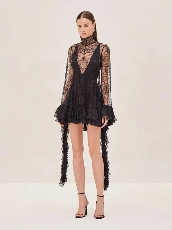 Alexis Aliya Lace Mini Dress With Ruffled Sleeves And Hem