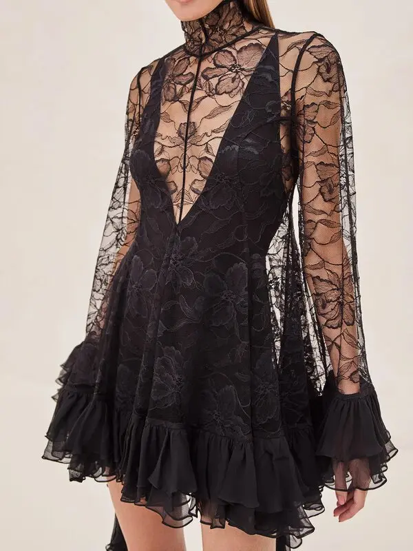 Alexis Aliya Lace Mini Dress With Ruffled Sleeves And Hem