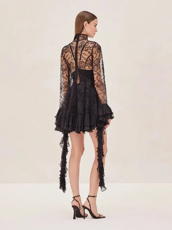 Alexis Aliya Lace Mini Dress With Ruffled Sleeves And Hem