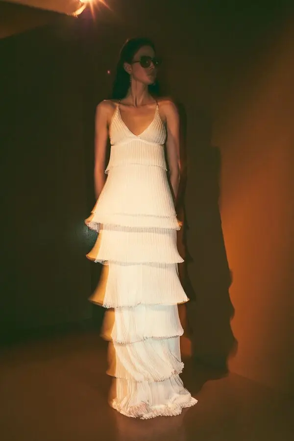 Alexis Yira Pleated Tiered Gown - White