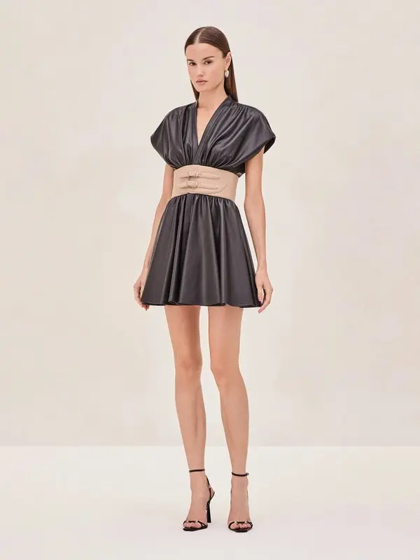 Alexis Berlin" Vegan Leather V-neck Midi Dress - Black