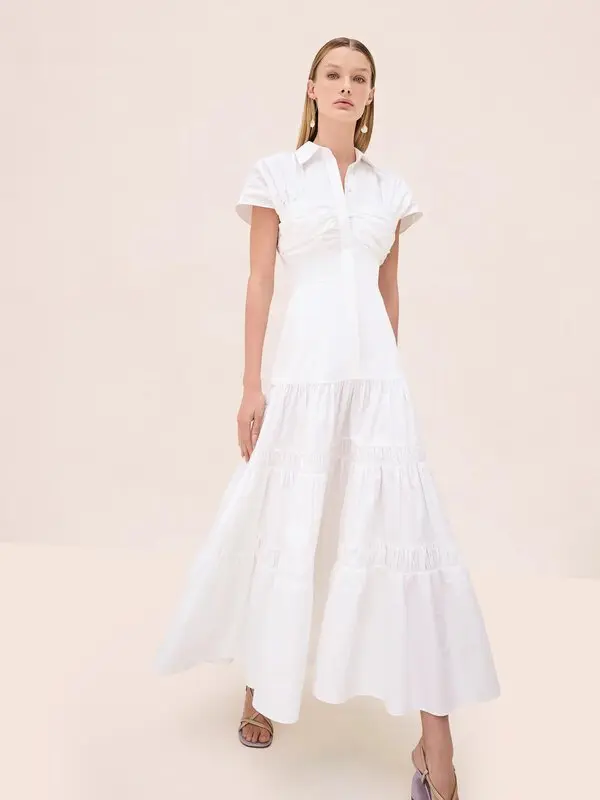 Alexis Carosini Shirred Tiered Midi Dress - White