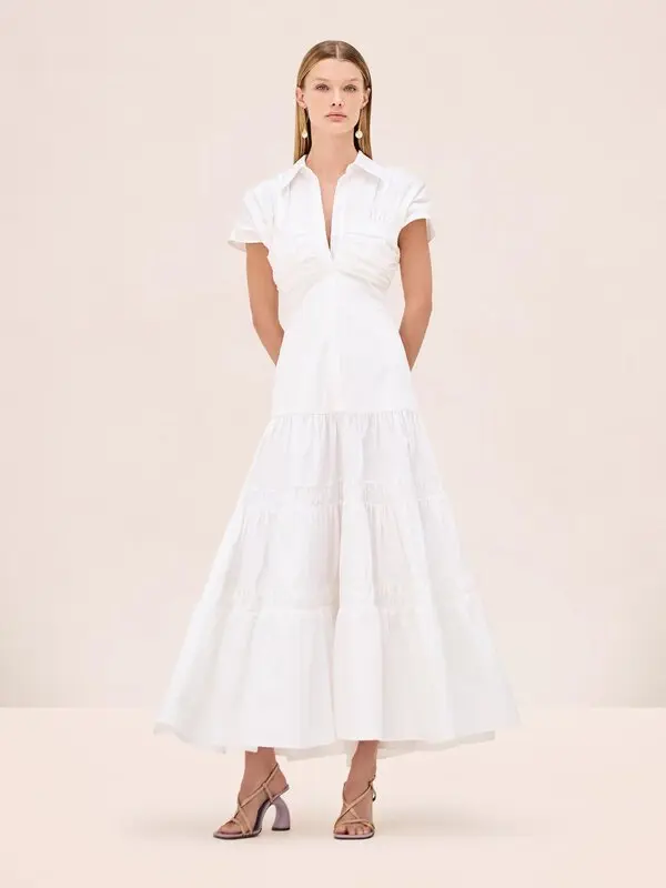Alexis Carosini Shirred Tiered Midi Dress - White