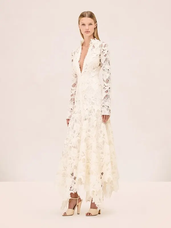 Alexis Camila Dress Long Sleeve Floral Lace Midi - Ivory
