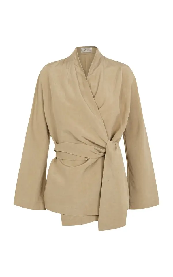 CORTANA Simona Linen-silk Wrap Jacket With Twist Detail - Khaki