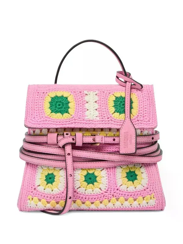 Moschino Floral Appliqued Crochet And Suede Tote Bag