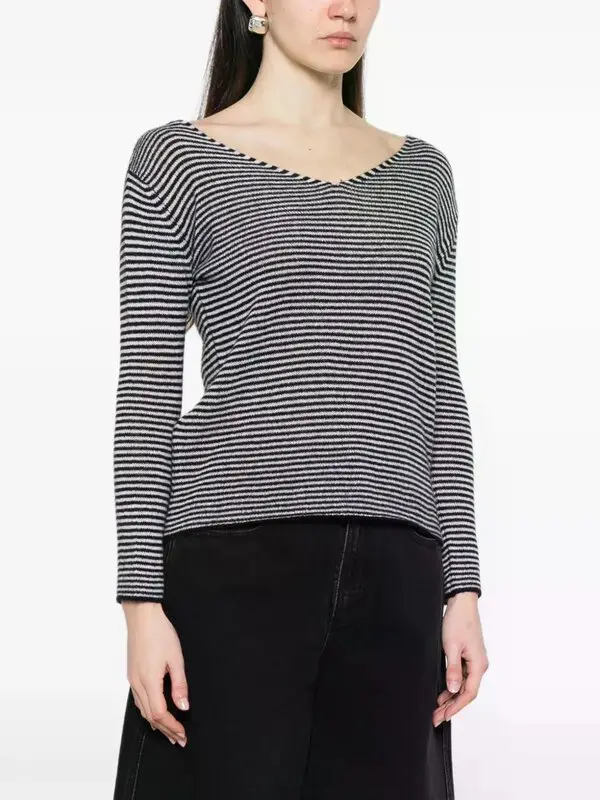 BEYOU Striped V-neck Sweater - Black