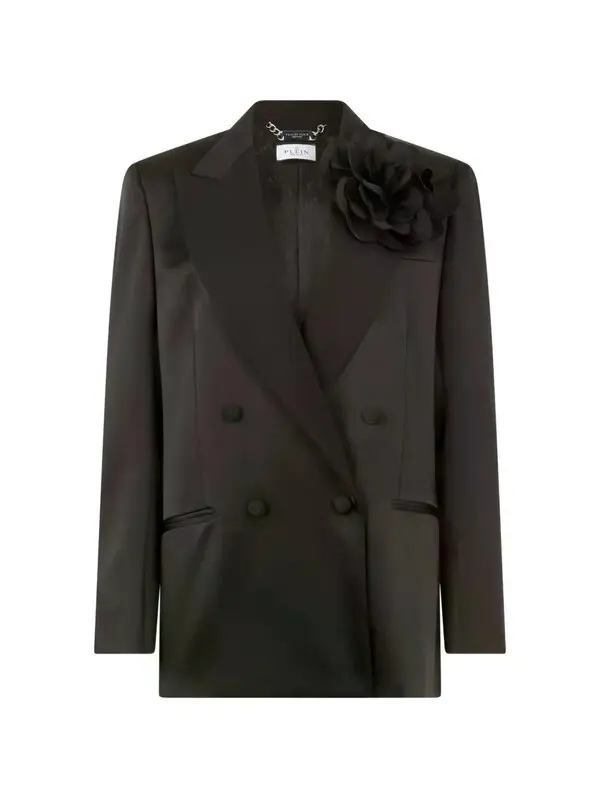 Philipp Plein Double-breasted Satin Blazer With Floral Appliqu - Black