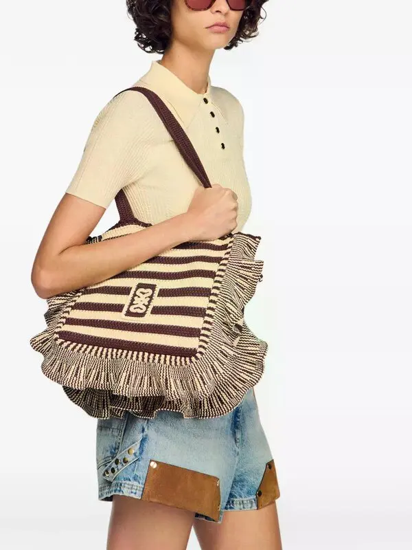 Sandro Striped Ruffled Crochet Tote Bag