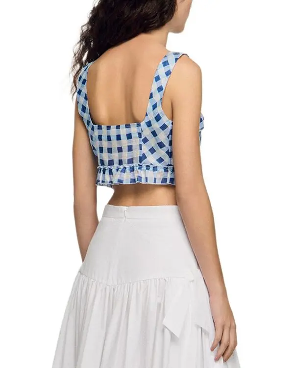 Sandro Gingham Linen Blend Crop Top - Blue / White