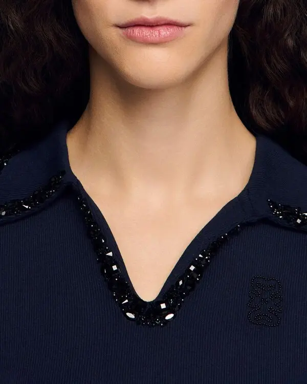 Sandro Auxane Embellished Polo Top