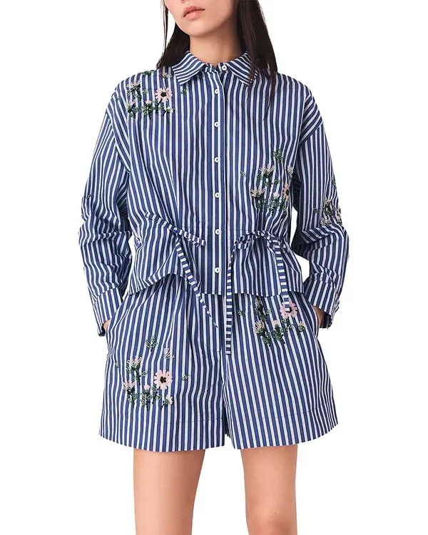 Maje Beaded Floral Striped Shirt