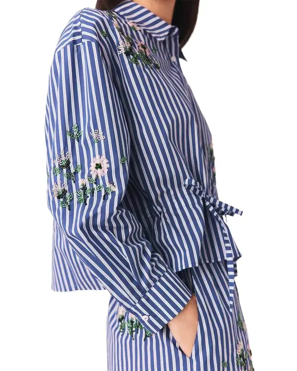 Maje Beaded Floral Striped Shirt